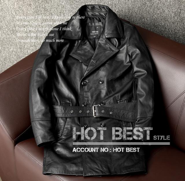 上質　メンズ　レザー　ジャケット 牛革 カウハイド　ダブルコート　腰ベルト　ハーフコート　　ダブルブレスト