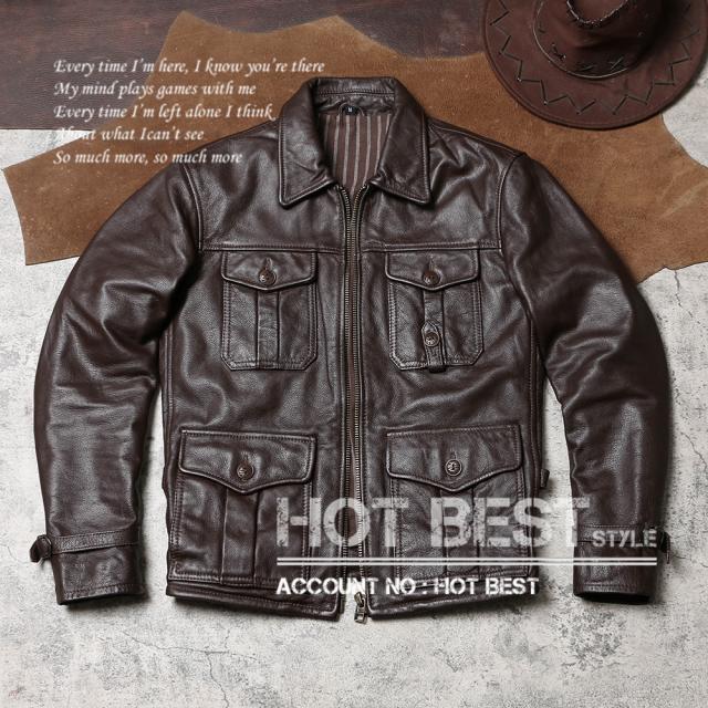 1.1mm カウハイド 復刻50年代スタイル タイト メンズ 革ジャン サファリジャケット イタリアンレザー 牛革