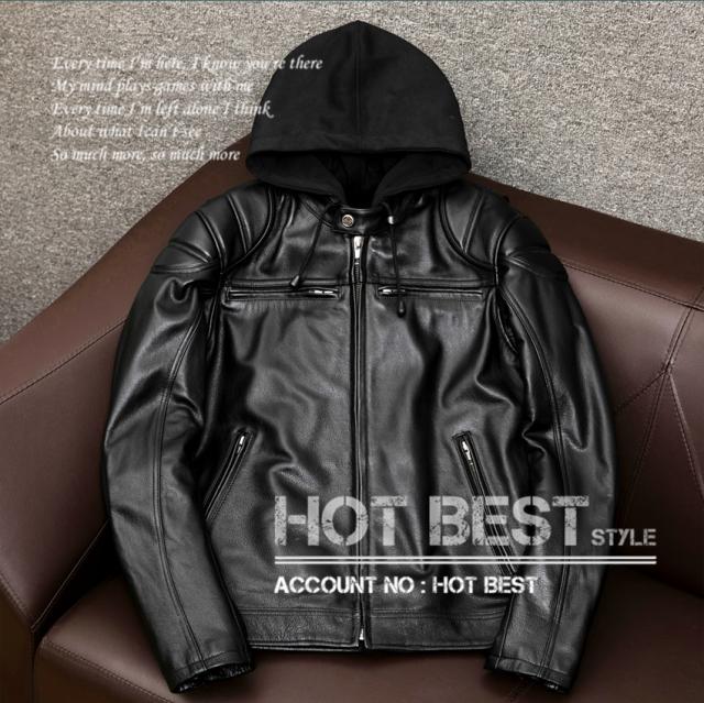 上質　メンズ　レザー　ジャケット カウハイド　牛革　フーデッドパーカー  取り外し可能 レザージャケット ボマー ボンバー ライダース イタリアンレザー