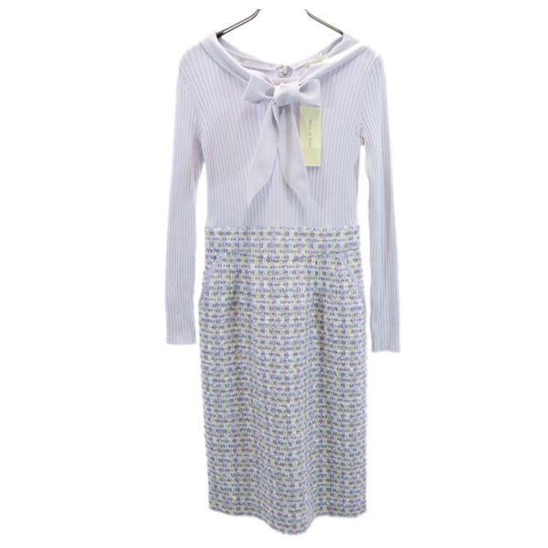 未使用 デビュードフィオレ チェック柄 長袖 リブニット ドッキング ワンピース 36 パープル系 Debut de Fiore リボン衿 レディース