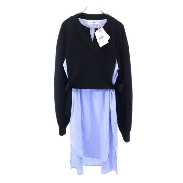 未使用 ファーファー ストライプ 長袖 ニット切替 ワンピース F 黒×ブルー furfur レディース