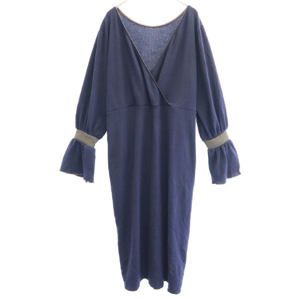 未使用 スリウム 長袖 踊るタックカットフリル ロングワンピース 38 ネイビー THURIUM レディース