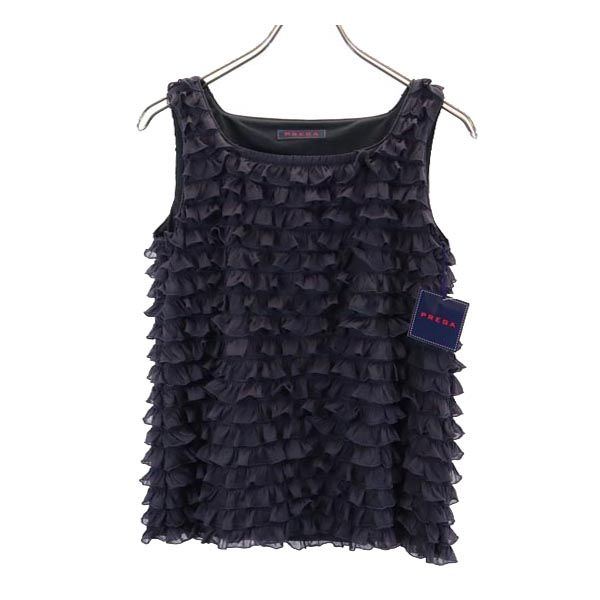 未使用 プレガ 日本製 ノースリーブ 段々フリル カットソー 38 ネイビー系 PREGA レディース