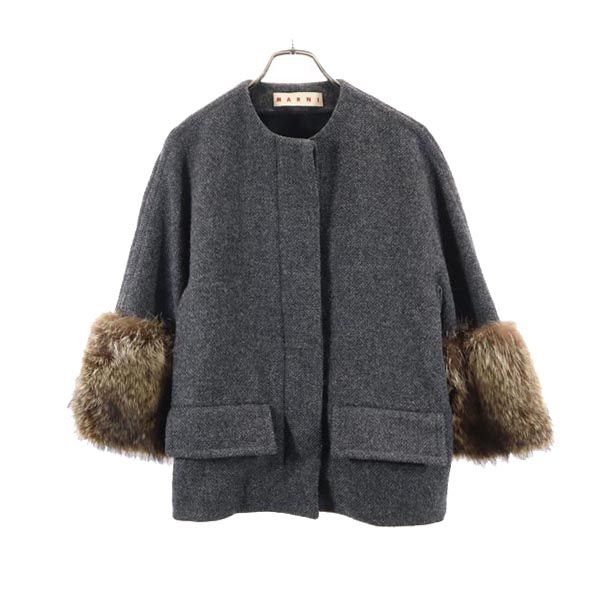 マルニ イタリア製 ヘリンボーン ノーカラージャケット 36 グレー系 MARNI 袖ファー レディース