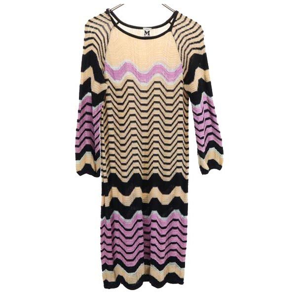 ミッソーニ イタリア製 ウールブレンド 総柄 長袖 ニット ワンピース 42 ベージュ系 Missoni レディース