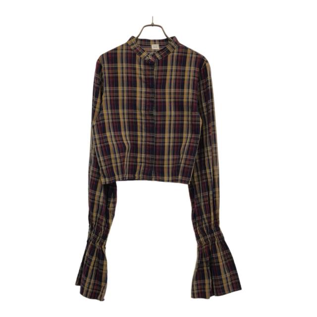 エリン 日本製 チェック 長袖 ショート丈 ノーカラーシャツ 38 ELIN レディース