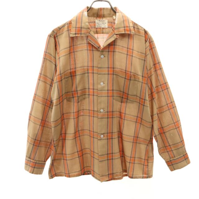 アロー 60s USA製 ヴィンテージ 開襟 チェック柄 長袖 オープンカラー シャツ M ブラウン系 ARROW メンズ