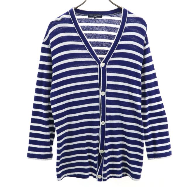 コムデギャルソンオム 日本製 ボーダー柄 長袖 Vネック カーディガン S ブルー×ホワイト COMME des GARCONS HOMME メンズ