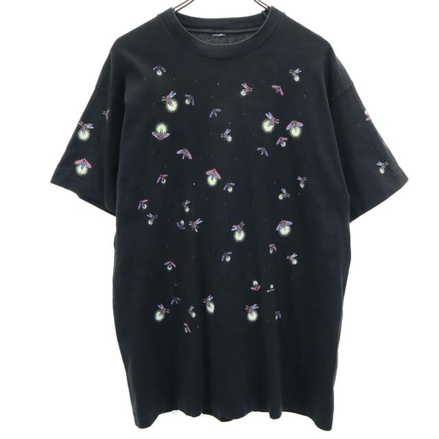 蓄光プリント 90s ホタルプリント 総柄 半袖 ホタル Tシャツ ブラック系 蓄光プリント シングルステッチ オールド ヴィンテージ メンズ