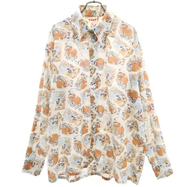 oui 70s 総柄 長袖 シャツ XL アイボリー系 オールド ヴィンテージ メンズ