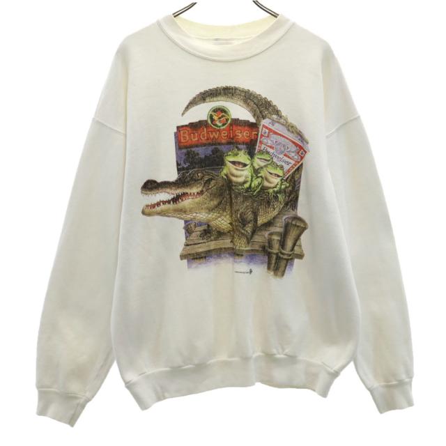 ヘインズ 90s オールド バドワイザー カエルプリント 長袖 スウェット トレーナー L 白 Hanes Budweiser メンズ