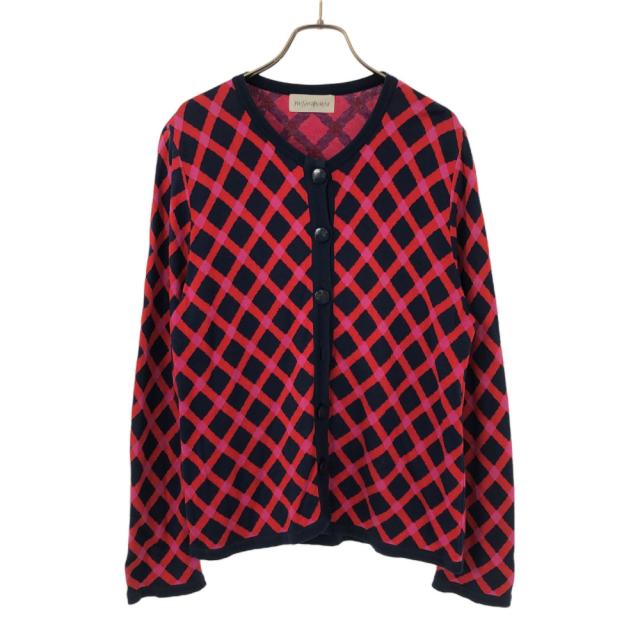 イヴサンローラン 90s 総柄 長袖 ニットカーディガン M ネイビー×レッド YVES SAINT LAURENT オールド ヴィンテージ レディース