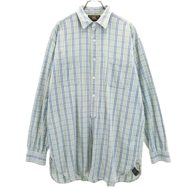 RRL 90s 初期タグ 赤3星 オールド チェック柄 長袖 ハーフボタン シャツ M ブルー系 ダブルアールエル RALPH LAUREN メンズ