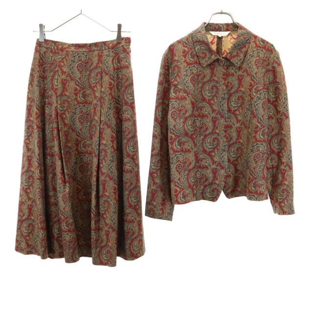 バーバリーズ 90s ウール オールド 総柄 スカートスーツ 上下セットアップ 11/9 赤系 Burberrys レディース