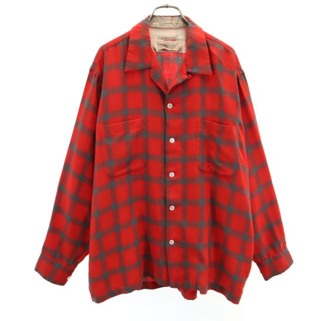 Lanerossi 50s 60s ヴィンテージ ボックスシルエット チェック柄 長袖 オープンカラーシャツ L レッド 他 メンズ