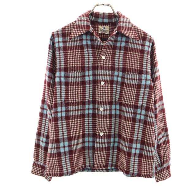 ヴァンヒューゼン 50s 60s ヴィンテージ ボックスシルエット チェック柄 長袖 オープンカラーシャツ M ブラウン系 VAN HEUSEN メンズ