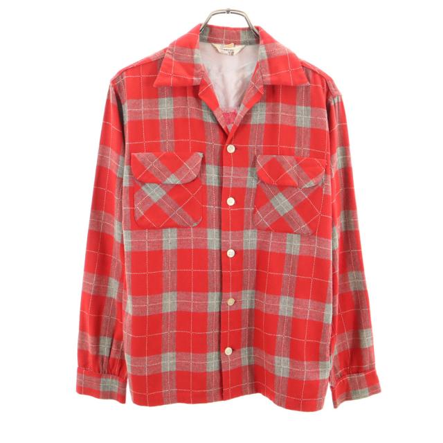 The men’s shop 50s 60s 開襟 オープンカラー ヴィンテージ ボックスシルエット チェック柄 長袖 オープンカラーシャツ S 赤系 メンズ