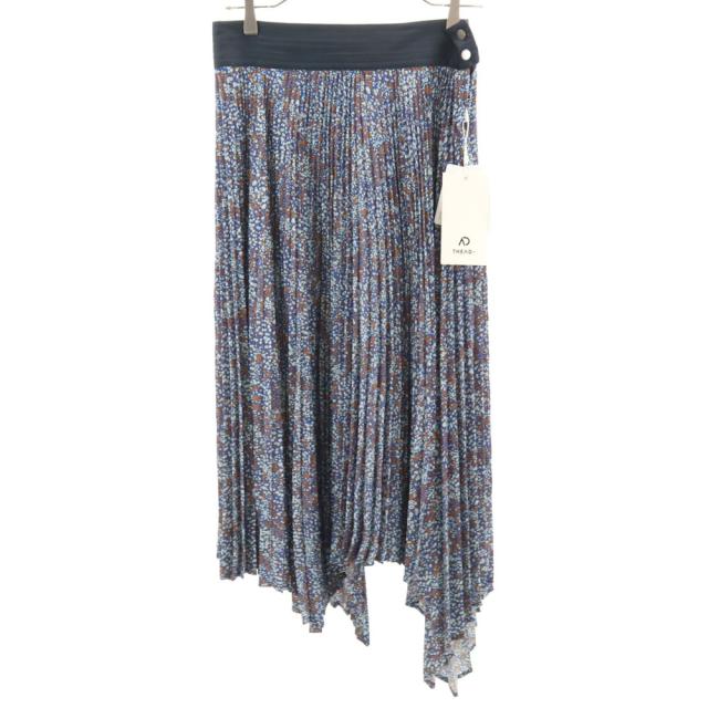 未使用 ジアディ 日本製 総柄 ロング丈 アシンメトリー プリーツスカート 38 ネイビー系 THE AD+ タグ付き レディース