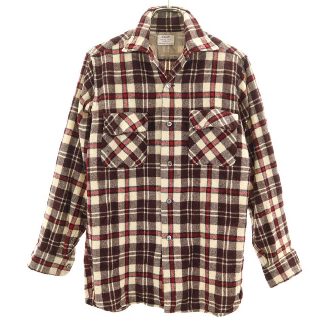 シアーズ 60s ヴィンテージ チェック 長袖 オープンカラー ウールシャツ S ブラウン系 Sears 開襟 メンズ