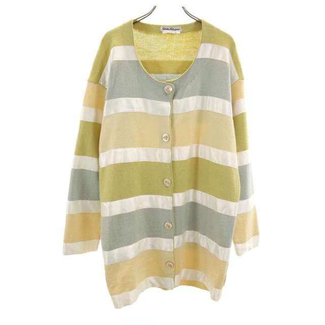 サルヴァトーレフェラガモ 90s イタリア製 オールド ボーダー柄 長袖 ニットカーディガン M イエロー系 Salvatore Ferragamo レディース
