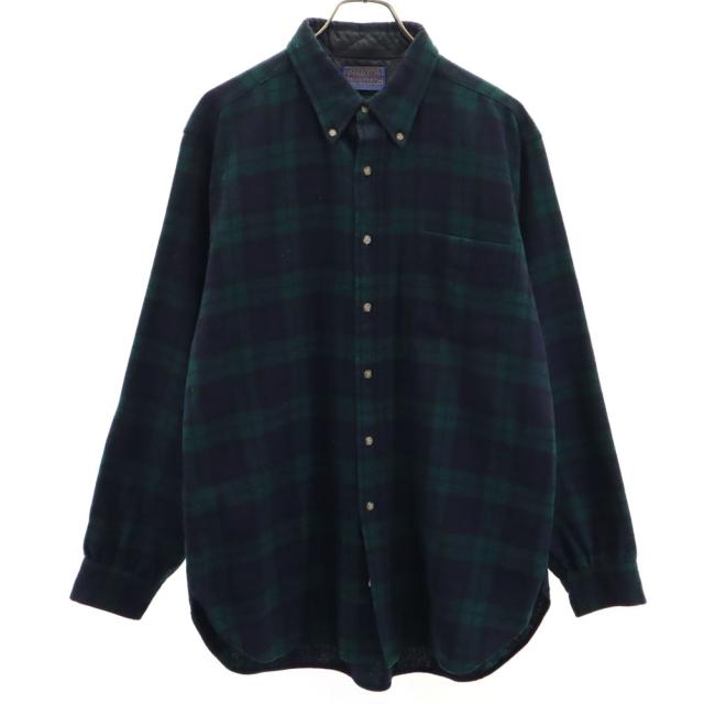 ペンドルトン 70s ヴィンテージ USA製 ウールブレンド チェック柄 長袖 ウールシャツ L グリーン×ネイビー PENDLETON メンズ