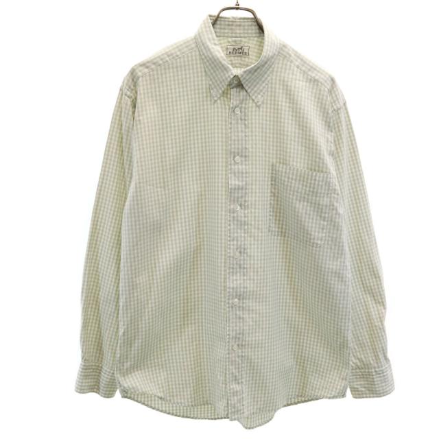 エルメス フランス製 オールド チェック柄 長袖 ボタンダウンシャツ 42 ホワイト 他 HERMES メンズ
