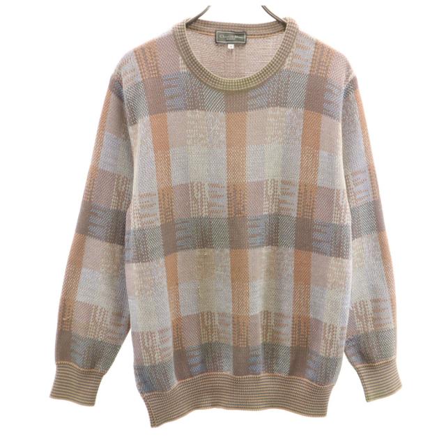 Christian Dior MONSIEUR クリスチャンディオール ムッシュ 90s オールド リネンブレンド 総柄 長袖 セーター M オレンジ メンズ