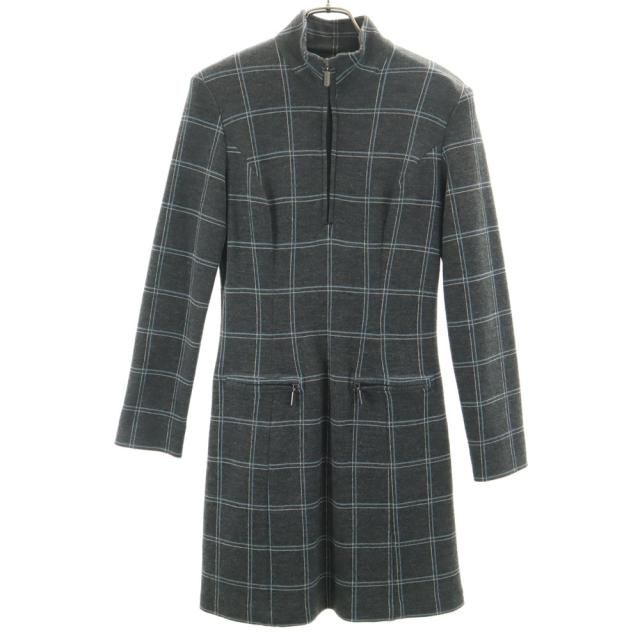 VERSACE ヴェルサーチ ジーンズクチュール ウールブレンド チェック柄 長袖 ワンピース 26/40 グレー JEANS COUTURE レディース