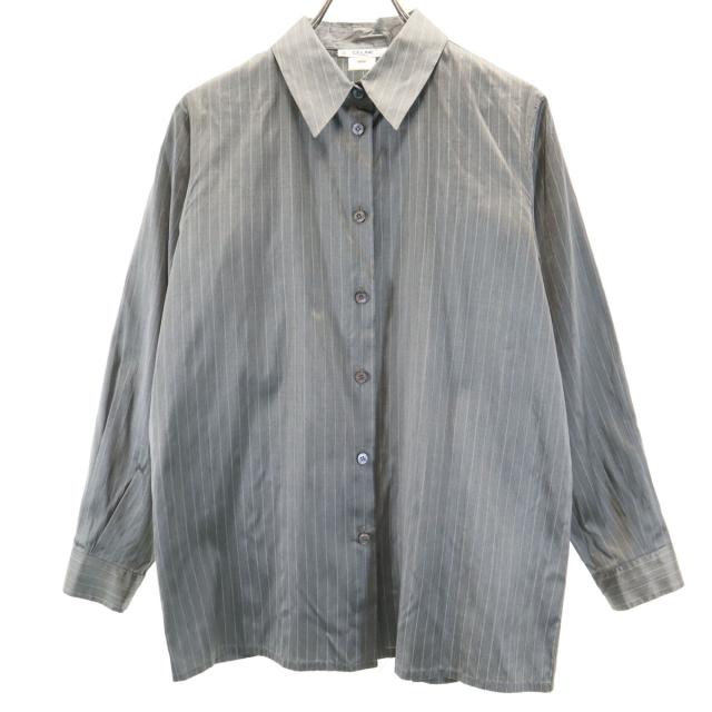 CELINE セリーヌ 90s オールド フランス製 ストライプ柄 長袖 ボタンダウンシャツ 42 グレー レディース