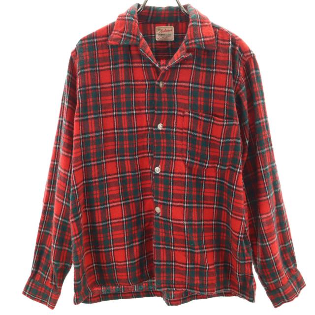 Andrews 60s ヴィンテージ ウールブレンド チェック柄 長袖 オープンカラーシャツ M レッド メンズ
