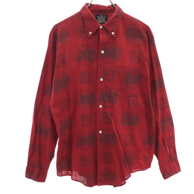 CAMPUS キャンパス 60s ヴィンテージ USA製 総柄 長袖 ボタンダウンシャツ M レッド メンズ