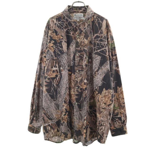 Columbia コロンビア 90s オールド リアルツリーカモ柄 長袖 コットンシャツ XXL ブラウン 裏地メッシュ アウトドア メンズ