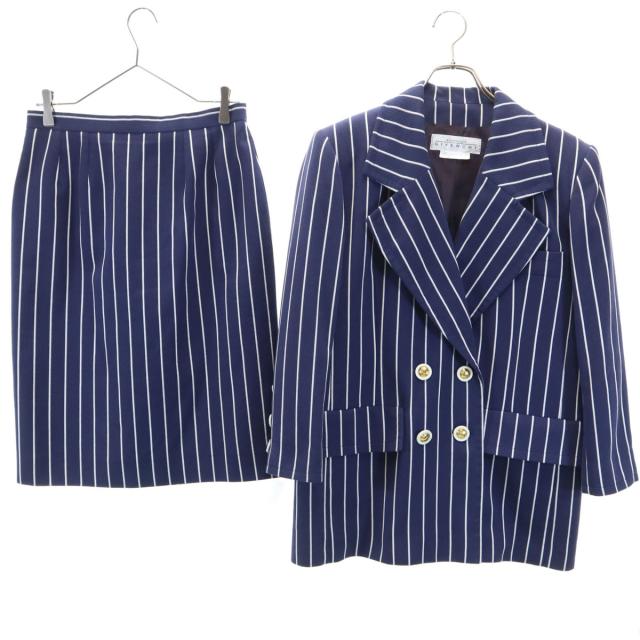 Givenchy ジバンシー 90s フランス製 オールド ストライプ柄 テーラードジャケット 上下セットアップ 42 ブルー レディース