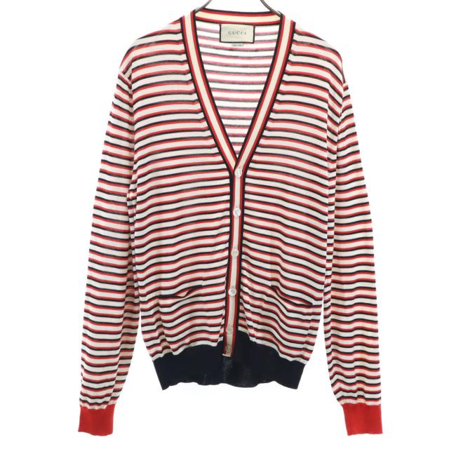 GUCCI グッチ イタリア製 ボーダー柄 長袖 Vネック カーディガン L レッド メンズ