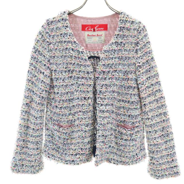 COOHEM コーヘン 日本製 ヨネトミツイード ノーカラージャケット 36 マルチ レディース