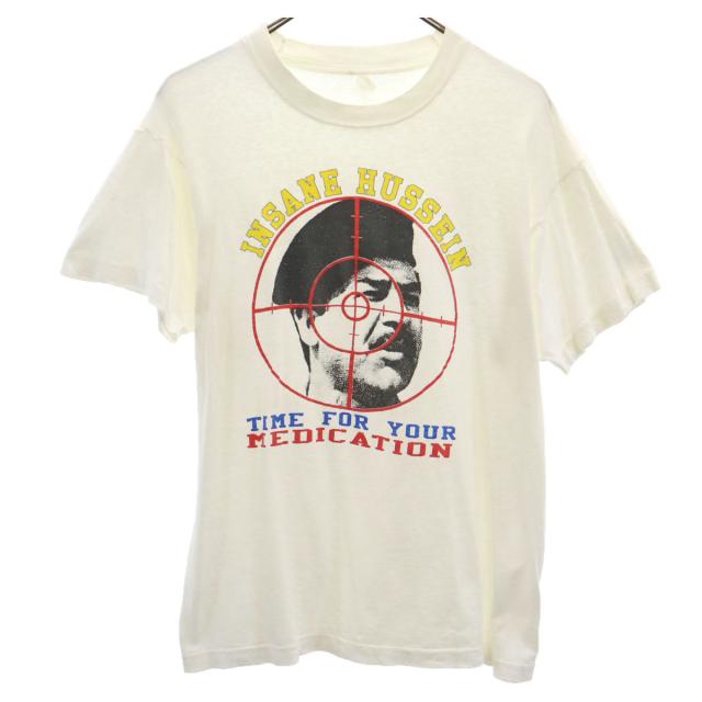 VINTAGE ヴィンテージ 80s サダムフセイン 半袖 シングルステッチ 偉人 Tシャツ ホワイト INSANE HUSSEIN メンズ