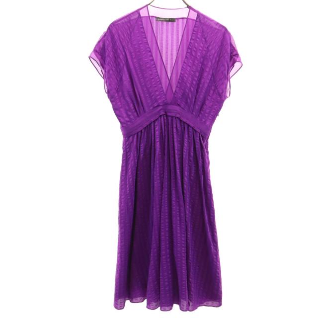 BALENCIAGA.SILK バレンシアガ シルク 半袖 Vネック ワンピース 38 パープル フレンチスリーブ レディース