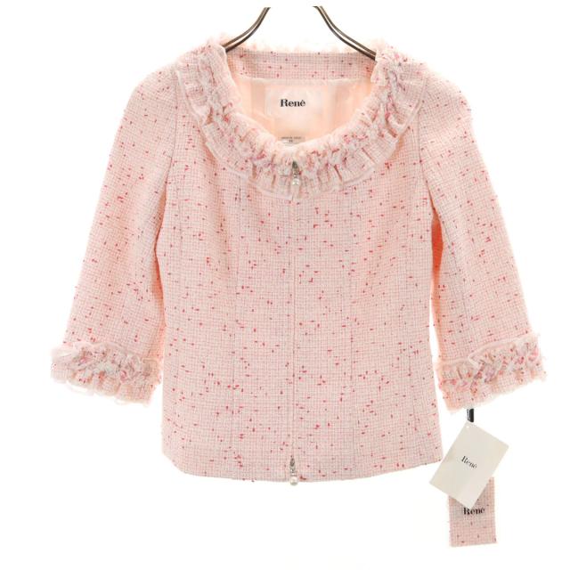 未使用 Rene ルネ 日本製 5分袖 ツイード ジャケット 34 ピンク系 レディース