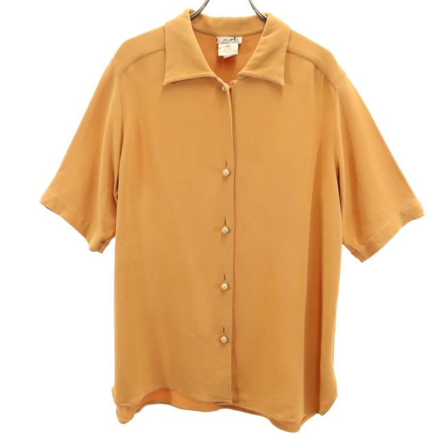 HERMES エルメス 90s フランス製 シルク オールド 半袖 シャツ 42 オレンジブラウン レディース