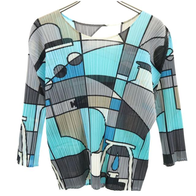PLEATS PLEASE プリーツプリーズ 日本製 幾何学柄 5分袖 プリーツ カットソー 3 マルチ イッセイミヤケ レディース
