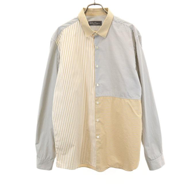 Salvatore Ferragamo サルヴァトーレフェラガモ イタリア製 ボーダー ストライプ柄 長袖 シャツ XL グレー メンズ