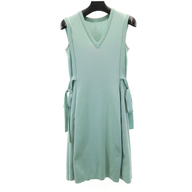 FOXEY フォクシー 日本製 ノースリーブ Vネック サイドリボン ニット 膝丈ワンピース 38 ミントグリーン レディース