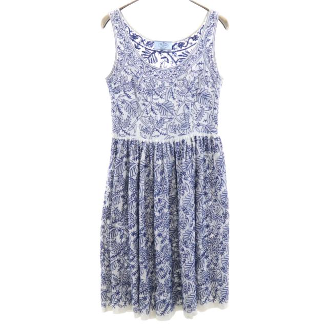 PRADA プラダ リーフ刺繍 ノースリーブ ミニワンピース 38 ホワイト レディース