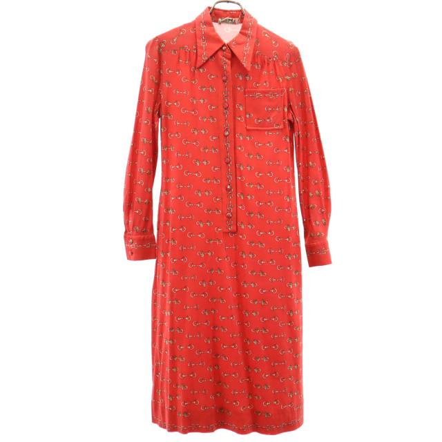 HERMES エルメス 80s フランス製 ヴィンテージ 総柄 長袖 シャツワンピース 38 レッド プルオーバー レディース