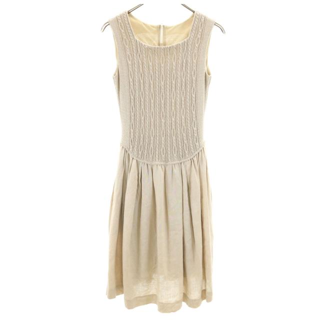 FOXEY フォクシー 日本製 リネンブレンド ノースリーブ ニット切替 ギャザー ワンピース 40 グレージュ レディース