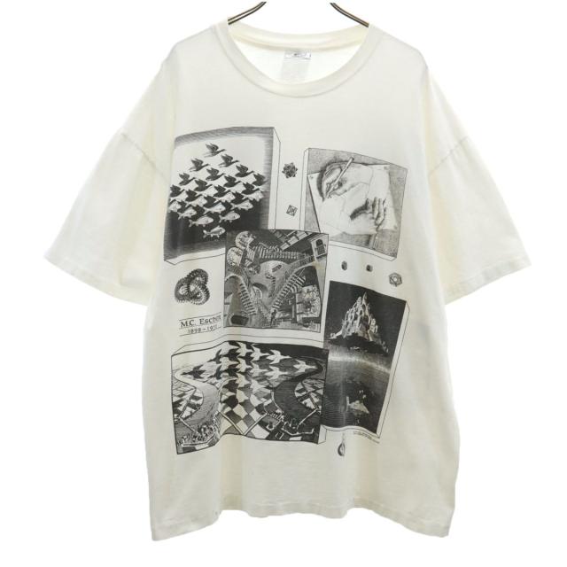 ANDAZIA アンドジア 90s USA製 オールド マルチ M.C.エッシャー だまし絵 半袖 Tシャツ XL ホワイト シングルステッチ メンズ