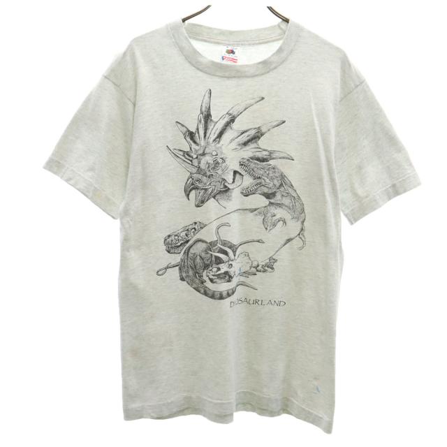 FRUIT OF THE LOOM フルーツオブザルーム 90s USA製 オールド ミュージアム 恐竜 半袖 Tシャツ M グレー シングルステッチ メンズ