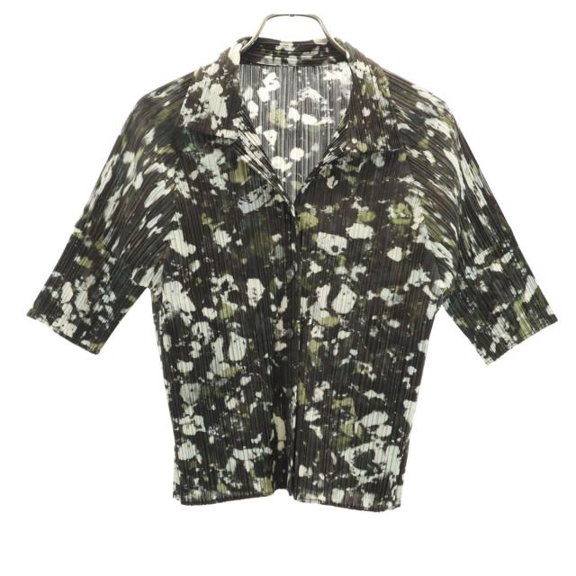 PLEATS PLEASE プリーツプリーズ 90s 日本製 オールド 総柄 半袖 オープンカラーシャツ 3 グリーン系 イッセイミヤケ レディース