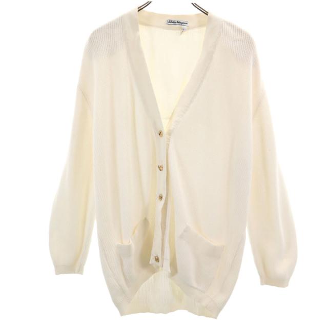 Salvatore Ferragamo サルヴァトーレフェラガモ イタリア製 長袖 Vネック ニットカーディガン L ホワイト レディース