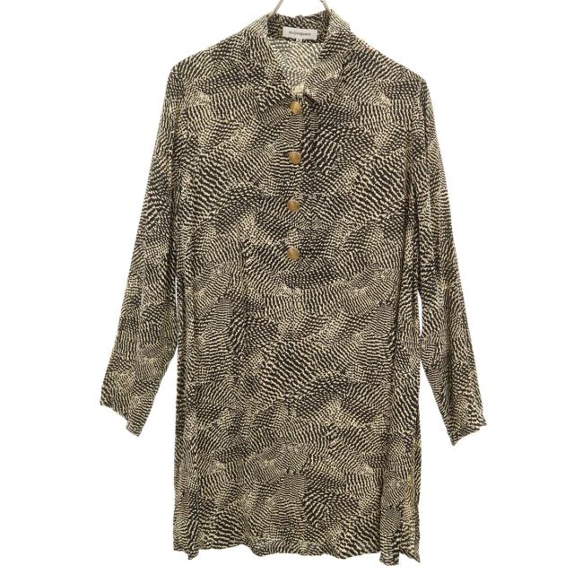 YVES SAINT LAURENT イヴサンローラン 90s オールド 総柄 長袖 ハーフボタン 膝丈ワンピース 36 ブラック系 レディース